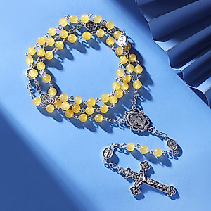 Rnivida Catholic Rosary Necklace for Women,Yellow Rosary Beads Necklace,Catholic Prayer Crucifix Virgin Mary Oval Pendant Medallion Spiritual Jewelry