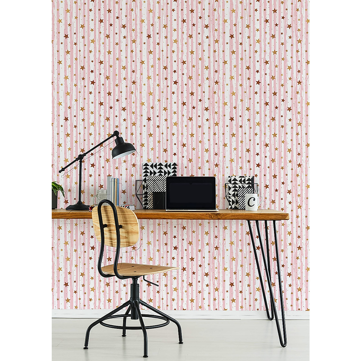 AMAZING WALL Home Modern Peel and Stick Glitter Pink Striped Stars Printed Wallpaper Self Adhesive Bedroom, 15.7*198''