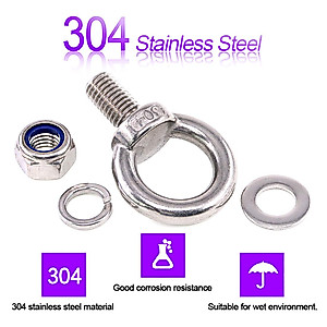 8Pcs 304 Stainless Steel M14 Male Thread Lifting Ring Eye Bolt Kit, Including 2Pcs M14 Eye Bolt with 2Pcs Lock Nuts, 2Pcs Lock Washers and 2Pcs Flat Washers