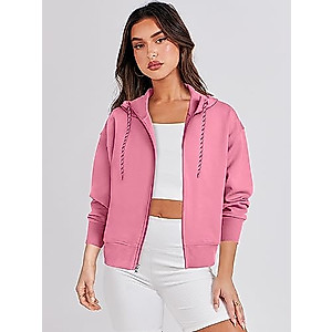 Caracilia Women's Full Zip Up Hoodies Cropped Drawstring Sweatshirts Teen Girl Cute Y2K Lightweight Preppy Pink Hooded Casual Preppy Jackets 2023 Fall Winter Fashion Clothes C114A8-yanfen-XL