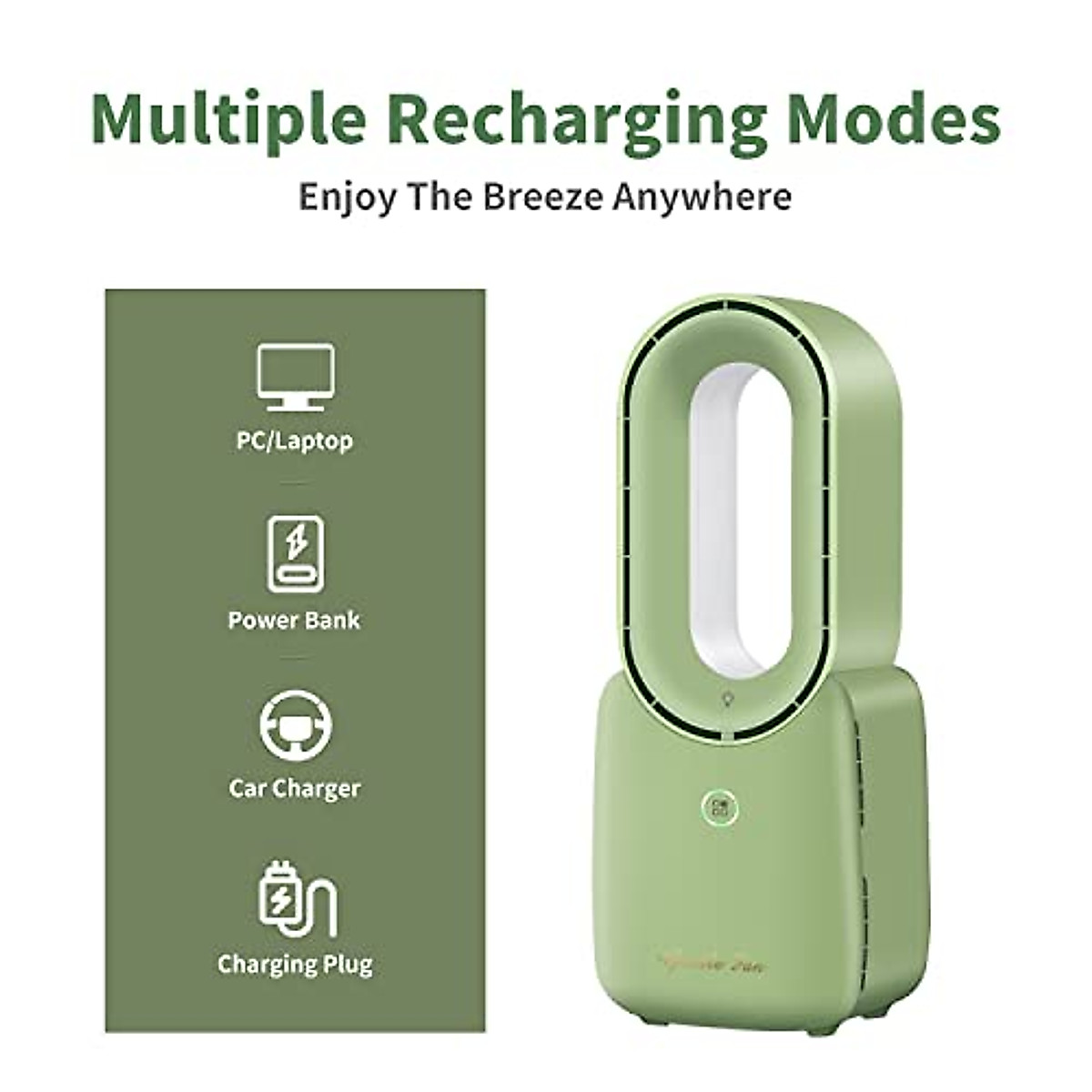 Misby Desk Fan, Portable Bladeless Fan 11.8 inch Personal Cooling Fan with 4 Speeds, Leafless 5 Colors LED Lights Touch Control Small Quiet Table Fans For Home, Bedroom, Office(Green)