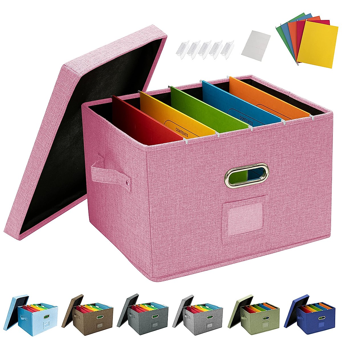 JSungo File Box with 5 Hanging Filing Folders, Document Organizer Storage for Office, Collapsible Linen Storage Box with Lids, Home Portable Storage with Handle, Letter Size Legal Folder, Pink