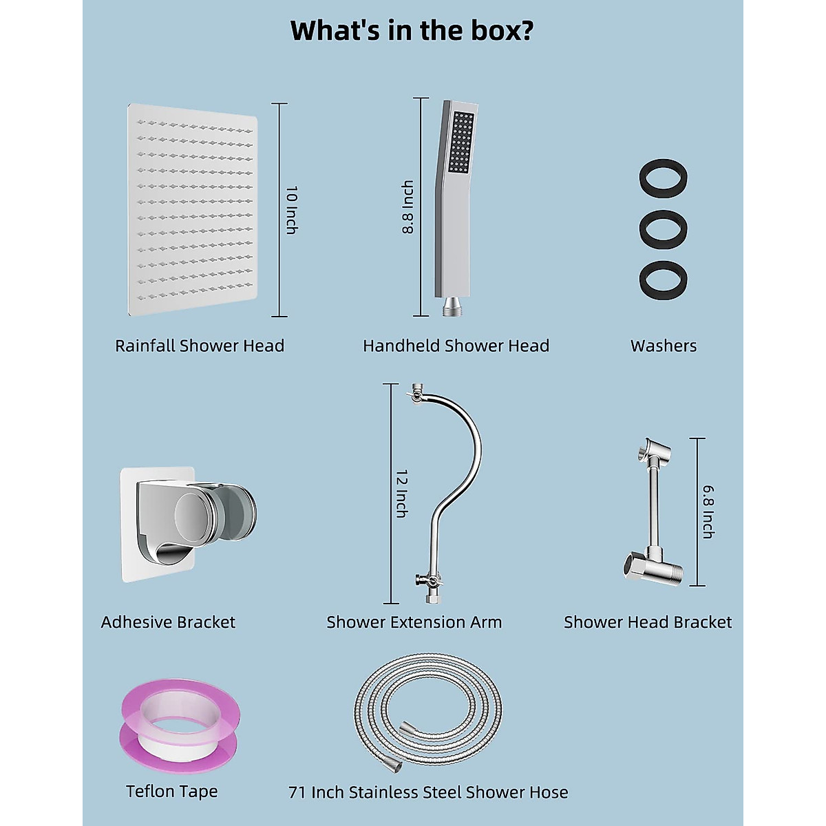 Hibbent All Metal Shower Head, 10'' High Pressure Rainfall Shower Head, Showerhead Combo/Handheld Shower Wand, 12'' Adjustable Curved Shower Extension Arm, 71'' Hose, 2 Shower Head Holders, Chrome