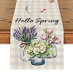 Artoid Mode Buffalo Plaid Lavender Vase Hello Spring Table Runner, Easter Summer Seasonal Anniversary Holiday Kitchen Dining Table Decoration for Indoor Outdoor Home Party Decor 13 x 72 Inch