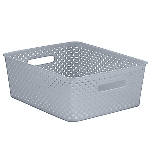 Simplify's Medium Resin Wicker Storage Bin in Grey