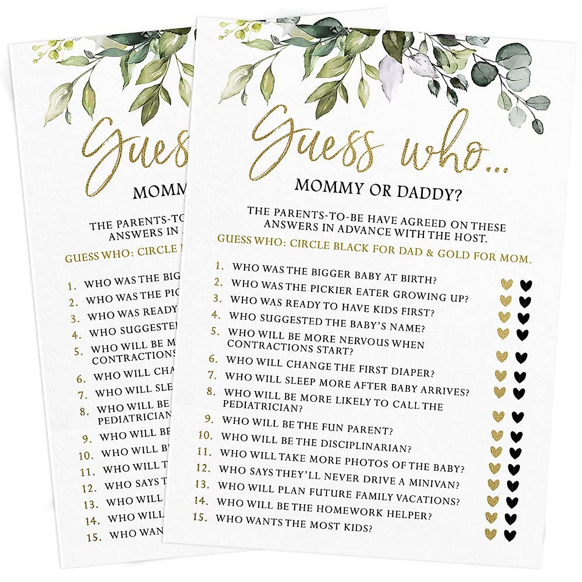 Printed Party Baby Shower Games for Boy or Girl – 4 Games and Activities, Botanical Greenery Theme, 30 Guests