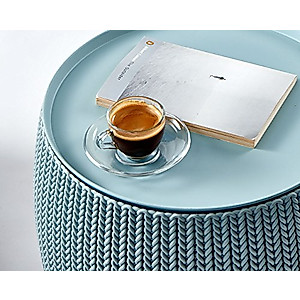 Keter Urban Knit Pouf Ottoman Set of 2 with Storage Table for Patio and Room Décor - Perfect for Balcony, Deck, and Outdoor Seating, Misty Blue & Taupe