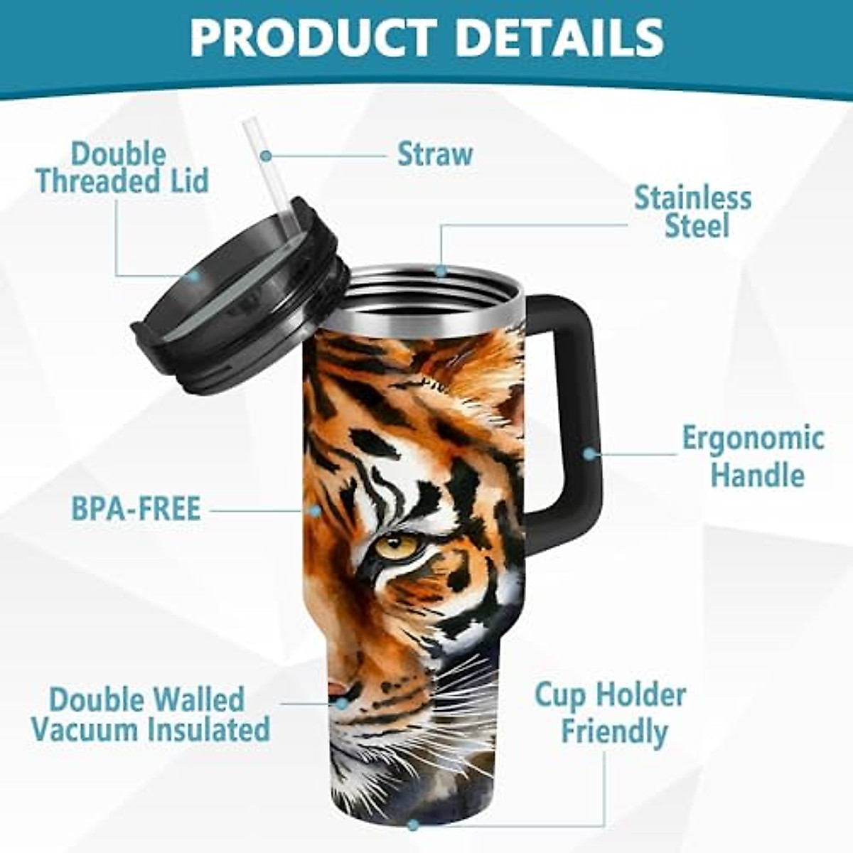 Flradish 30oz Tumbler with Handle, Watercolor Tiger Portrait Stainless Steel Tumbler with Lid and Straws Double Wall Vacuum Insulated Leakproof Coffee Travel Mug