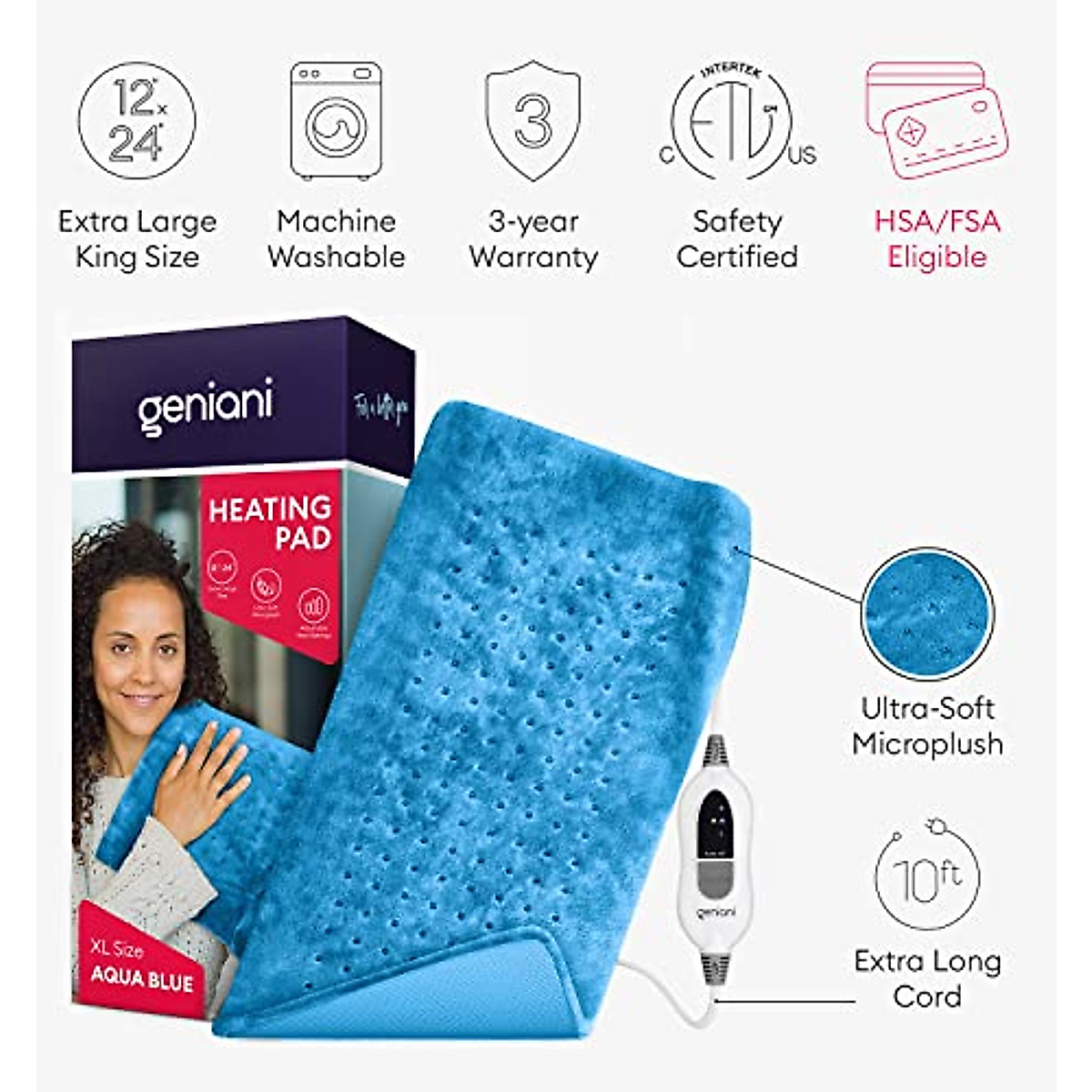 GENIANI XL Heating Pad for Back Pain & Menstrual Pain Relief, FSA HSA Eligible, Auto Shut Off, Machine Washable, Moist Heat Pad for Neck and Shoulder, Heat Patch for Cramps Relief, Aqua Blue 12'‘×24’’