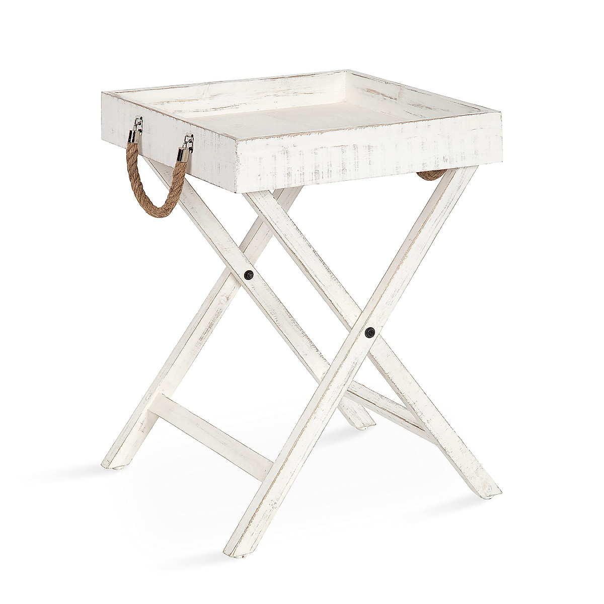Kate and Laurel Bayville Vintage Tray Table, 17" x 17" x 24", White, Rustic Coastal Tray for Display and Storage