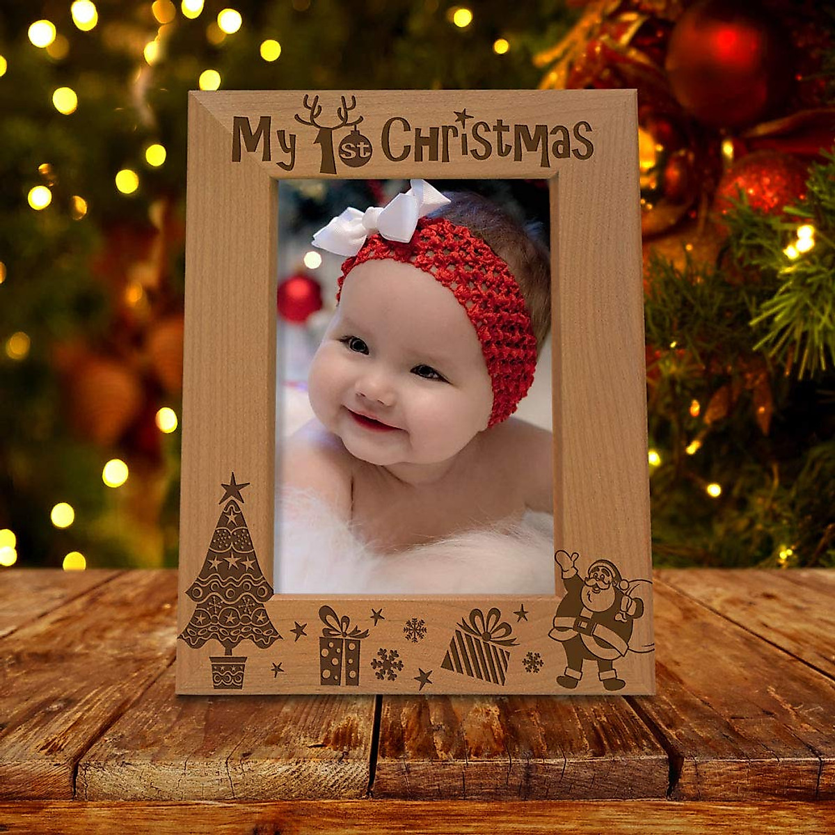 KATE POSH My 1st Christmas Picture Frame, My First, Baby's 1st Christmas, New Baby, Santa & Me Engraved Natural Wood Photo Frame (5x7-Vertical - Classic)
