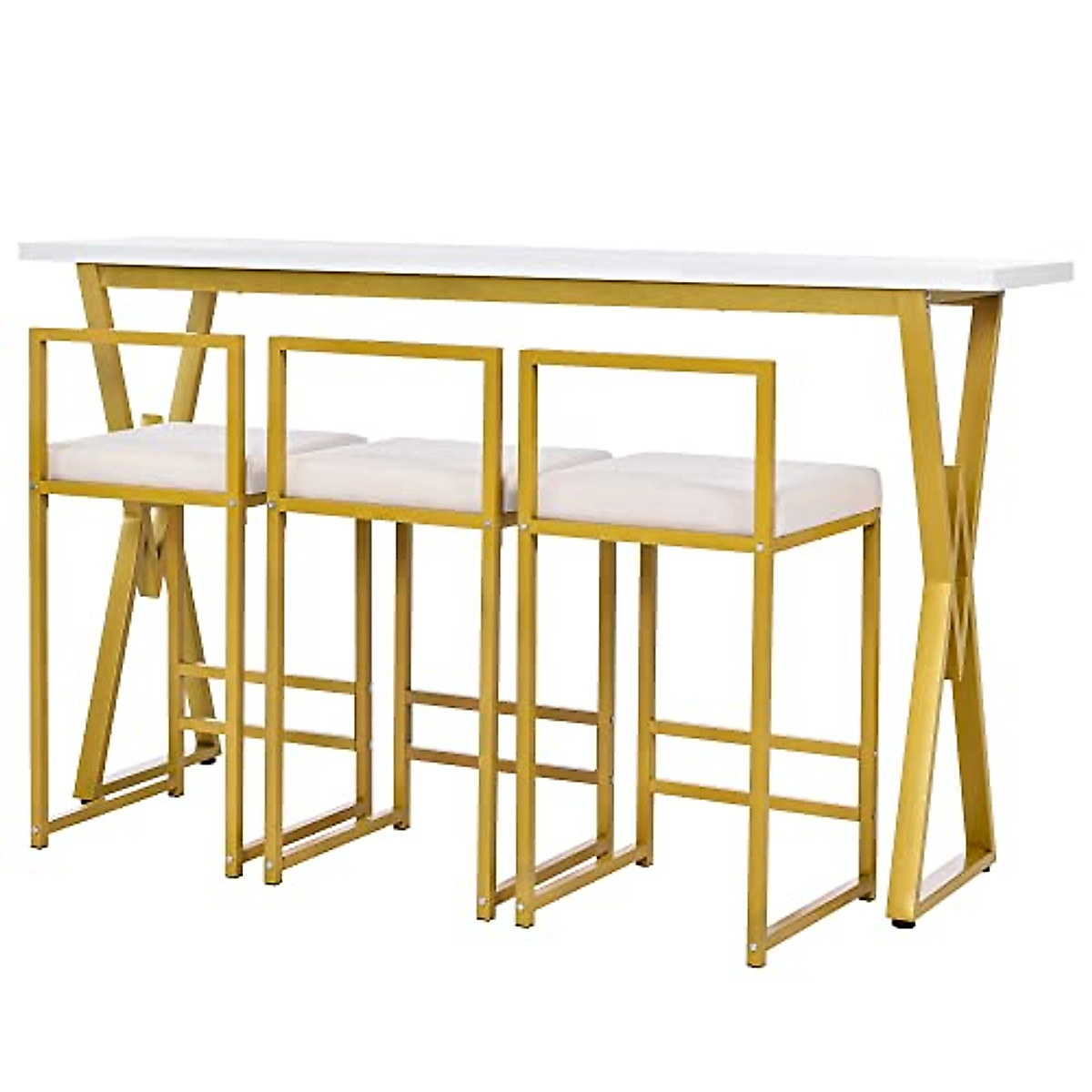 Fashion 4-Piece Counter Height Dining Table Set,Extra Long Console Bar Dining Table Set with 3 Padded Stools,Gold Metal Frame Kitchen Set for Small Places,Dining Area,Kitchen,Breakfast Nook,Home Bar.