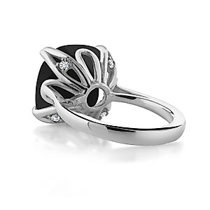 Gem Stone King 925 Sterling Silver Black Onyx and White Diamond Engagement Ring For Women (8.27 Cttw, 14MM Cushion Checkerboard, Available in Size 5,6,7,8,9)