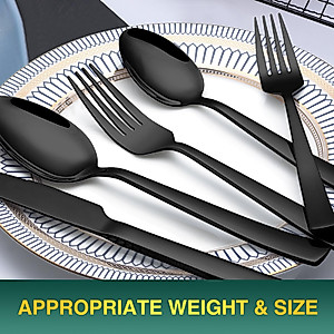 Yoehka 48-Piece Black Silverware Set with Steak Knives,Stainless Steel Black Flatware Cutlery Set for 8, Durable Home Kitchen Eating Tableware Set, Include Fork Knife Spoon Set, Hand Wash Recommended