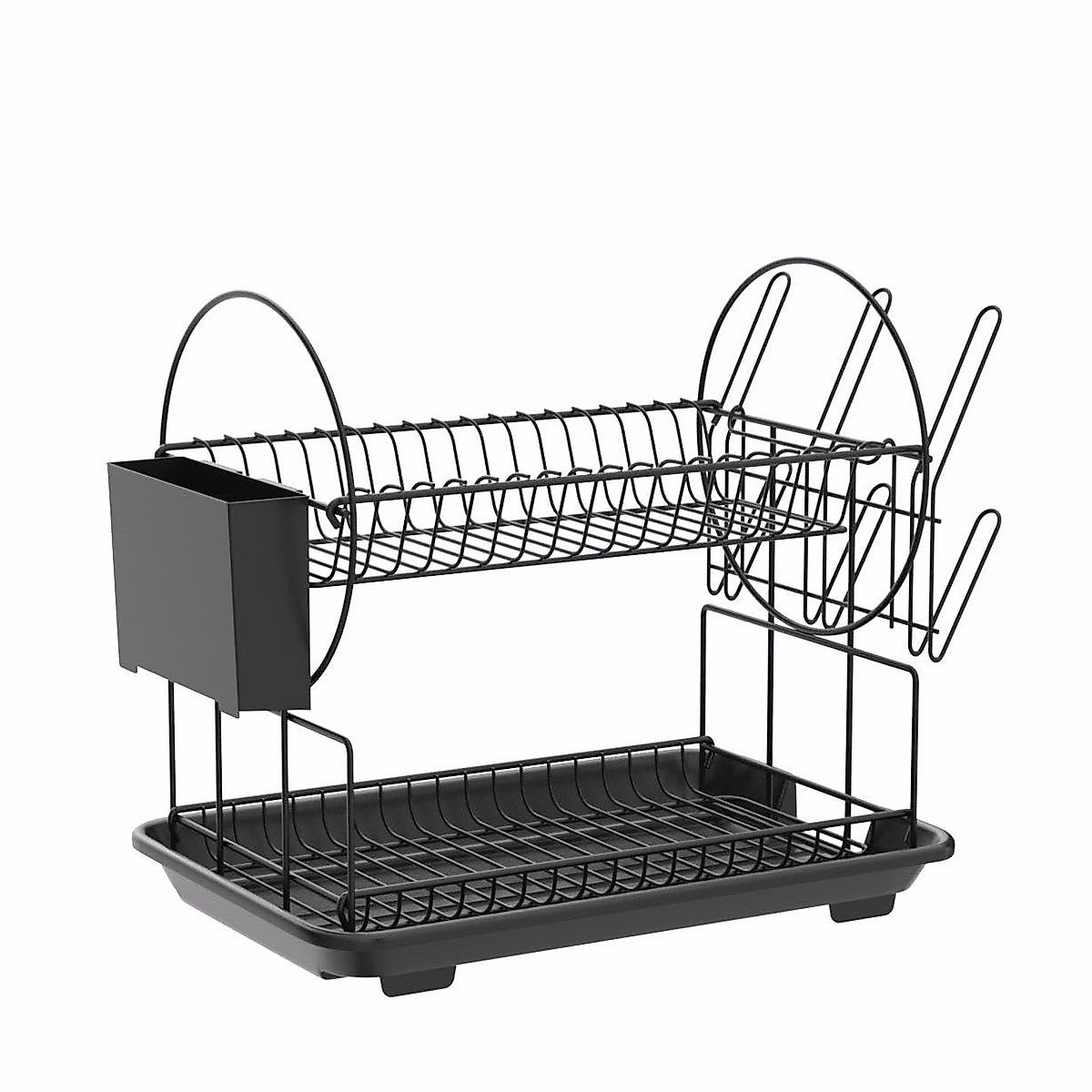 GSlife Small Dish Drying Rack - 2-Tier Dish Rack with Drainboard, Utensils Holder, Glass Holder for Kitchen Counter, Tiered Dish Drainer for Small Space, Black