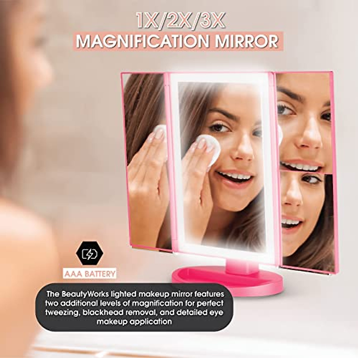 Beautyworks Backlit Makeup Vanity Mirror 36 LED Lights Touch-Screen Light Control, Tri-Fold 1/2/3X Magnification, Portable High-Definition Clarity Cosmetic Light Up Magnifying Mirror (Pink)