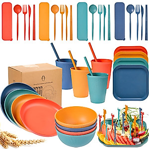 52 Pieces Wheat Straw Dinnerware Set Unbreakable Microwave Dishwasher Safe Plates and Bowls Sets Reusable Wheat Straw Plates Cups Bowls Spoon Knife Fork Straw Cutlery Set for Kitchen Picnic Camping
