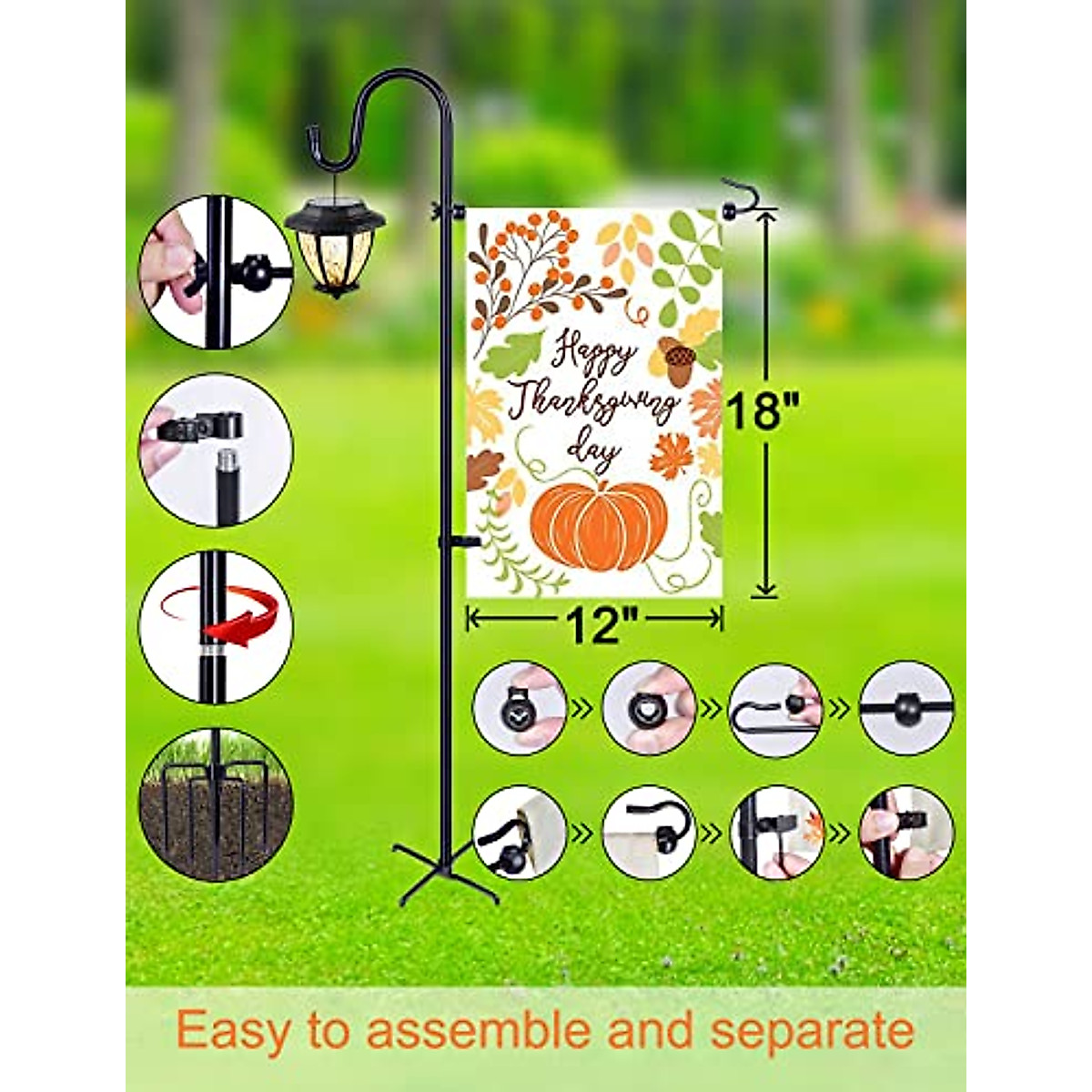 XDW-GIFTS Garden Flag Holder Stand with Shepherd Hook Upgraded Flagole with 2 Spring Stoppers and 1 Clip, Yard Garden Flag Holder for Flags Weather-Proof (Without Solar Lights & Flag)
