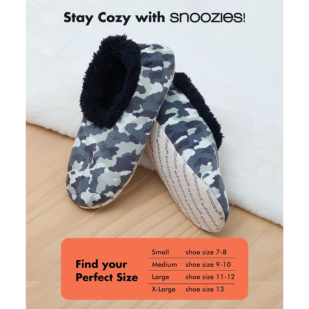 Snoozies Winter House Slippers with Sherpa Fleece Lining and Non-Skid Sole, Mens Slippers Size 11-12 (Camo Grey, Large)