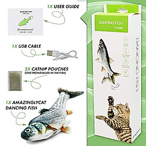 Flopping Fish Cat Toy - Interactive Floppy Fish Cat Kicker Toy with 2 Catnip Packets | Funny Moving Cat Toy for Excercise & Boredom | USB-Charged, Soft & Washable | Electric Fish Cat Toy Gift 12x5 in.