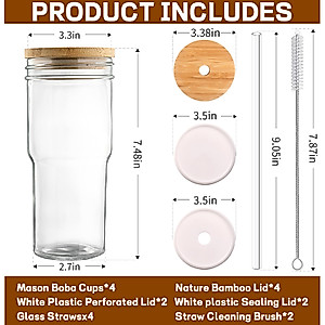 Pint Glasses,Glass Beer Cups Set of 4,16oz Glass Cups with Lids and Straws-Pint Glass Drinking Glasses,Unique Design Iced Coffee Cups with Lids and Straws