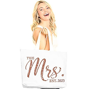Rose Gold Bride Tote Bag - Giant Size Cotton Canvas The Mrs. Est. 2023 Rose Gold Glitter CHIC Cotton Canvas Tote Bag - Bride Kit, Bridal Gift - White Tote(Chic 2023 RsG) Wht