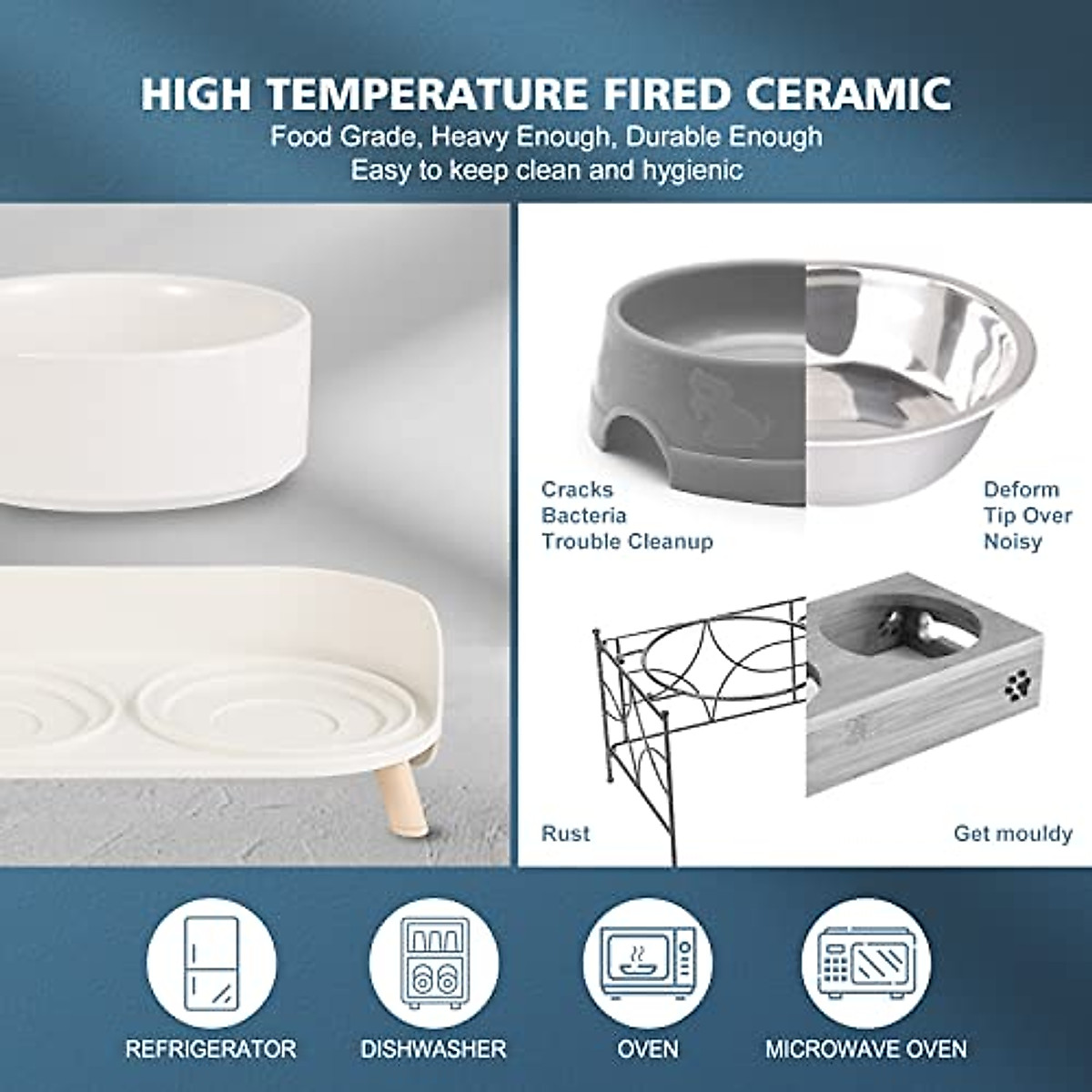 Cat Bowl for Food and Water - Elevated Dog Bowls with Stand - Raised Dog Cat Bowl Set - Double pet Bowl Dish for Small Dog | Cat | Puppy | Rabbit and with Splash Proof Guard for Less Mess