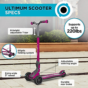 Globber Ultimum Scooter | 3-Wheel Kick Scooter for Adults & Kids 5+ | Foldable Kick Scooter with Safe, Non-Slip Deck & Premium Brakes (Pink)