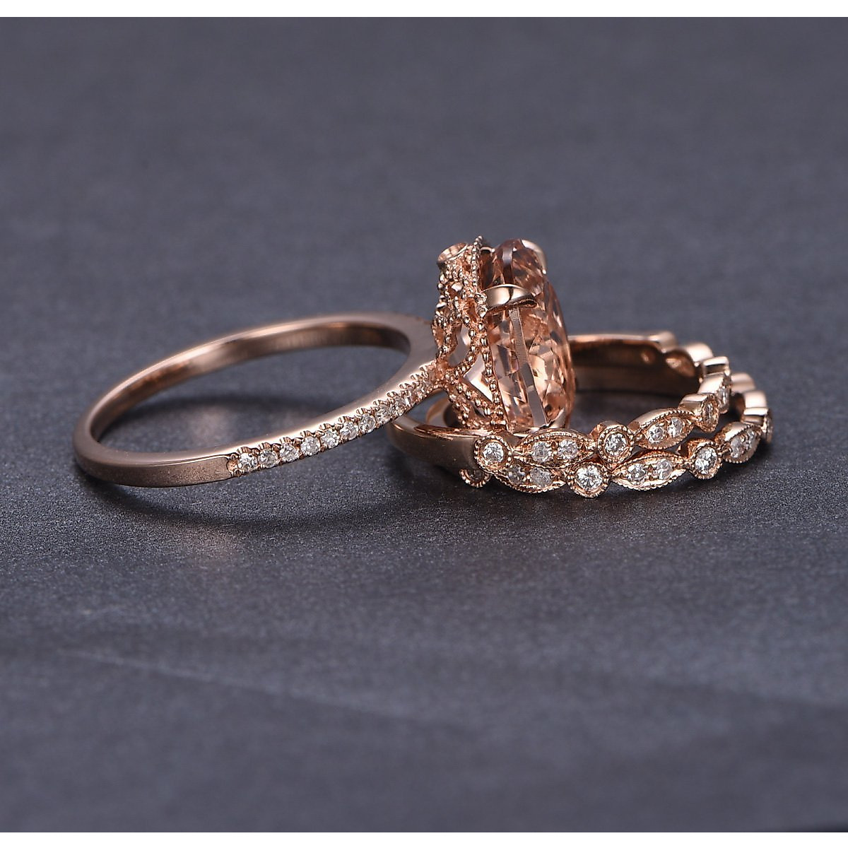 Oval Morganite Engagement Ring Trio Bridal Set Milgrain Under Gallery 14K Rose Gold Art Deco 10x12mm