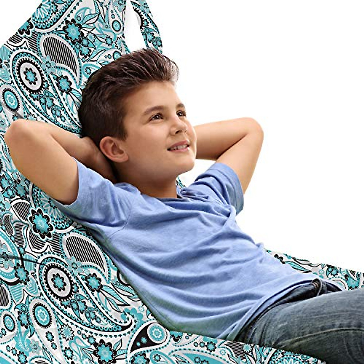 Lunarable Blue Paisley Lounger Chair Bag, Repeating Themed Traditional Symbols Flowers Illustration, High Capacity Storage with Handle Container, Lounger Size, Dark Brown and Sea Blue