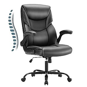 Sweetcrispy Home Office Chair, Ergonomic High Back Heavy Duty Task Chair with Flip-up Arms, PU Leather, Adjustable Swivel Rolling Chair with Wheels, Black