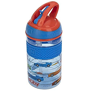Nuby Thirsty Kids Flip-it Freestyle 12 oz Water Bottle with Bite Resistant Hard Straw, Blue Cars