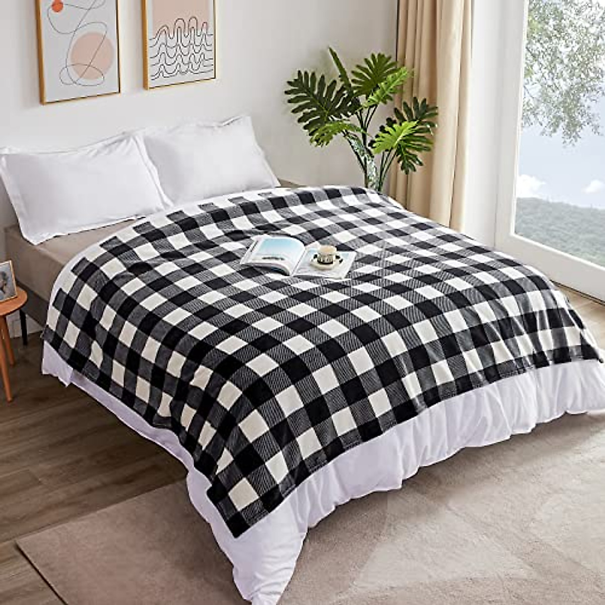 Touchat Fleece Throw Blankets, Black and White Buffalo Plaid Throw Blanket for Couch Sofa Bed, Soft Warm Fuzzy Cozy Plush Checkered Blanket, Lightweight Farmhouse Decor 50" x 60"