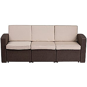 Flash Furniture Chocolate Brown Faux Rattan Sofa with All-Weather Beige Cushions