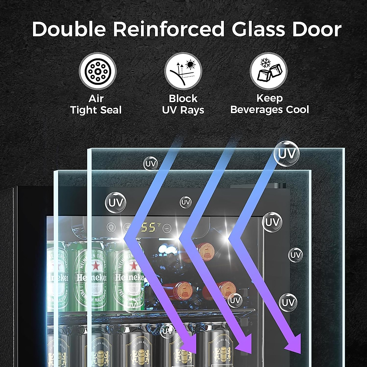 Kndko Mini Beverage Refrigerator and Cooler - 95 Can Mini Fridge with Digital Temperature Control, LED Light, Reversible Door, Perfect for Home, Office, Bar, and Game Room - 2.6 Cu.Ft, Black