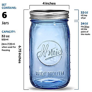 Tebery 6 Pack Vintage Blue Home Mason Jars with Airtight lids & Bands, 32Oz Wide Mouth Quart Glass Canning Jar for Fermenting, Pickling, Storage, DIY Crafts & Decor