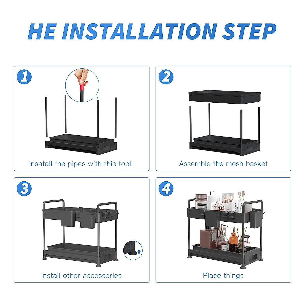 BAYANKHAR Under Sink Organizers and Storage, Multi-purpose Bathroom Organizer Under Sink, 2 Tier Under Kitchen Sink Organizer Sliding Cabinet organizer Basket with Hooks,Hanging Cup,Black,2 Pack