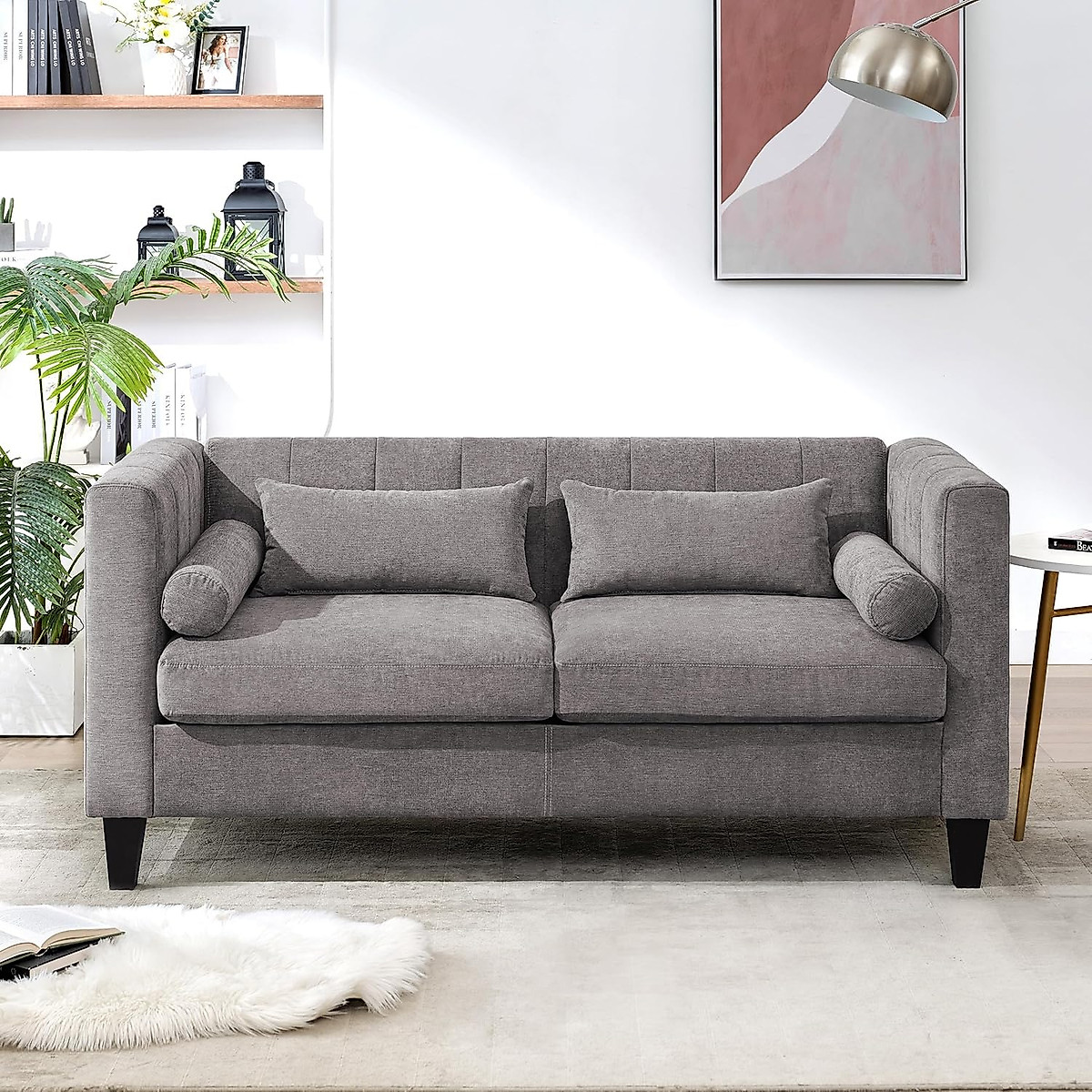 Weture 68.1 Inch Loveseat Sofa with 4 Pillows, Linen Comfy Mid Century Modern Couch for Small Spaces Bedroom, Love Seat for Living Room with Solid Wooden Frame and Padded Cushion, Gray