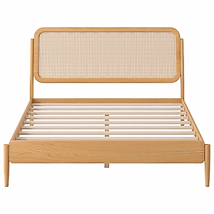 RuiSiSi Queen Bed Frame with LED Lights Rattan Platform Bed Frame with Natural Rattan Headboard (Natural, Queen)