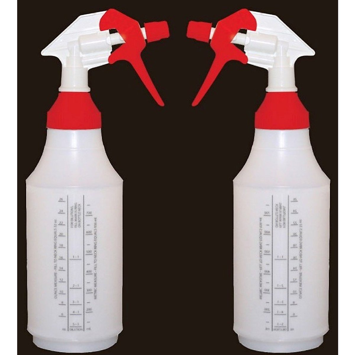 Spray Bottles with Large Top for Easy Filling, Reusable, 32oz, 2 Complete Bottles, with Scale on Side of Bottle for Easy Mixing, Part# WM83233-WM02-RED (Red & White Sprayer Top)