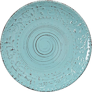 IHIPPO Round Dinnerware Sets Kitchen Utensils Set Embossed Stoneware Ocean Dinnerware Dish Set 16 Piece Turquoise Plates Stoneware Collection for Food Microwave and Dishwasher Safe Plates