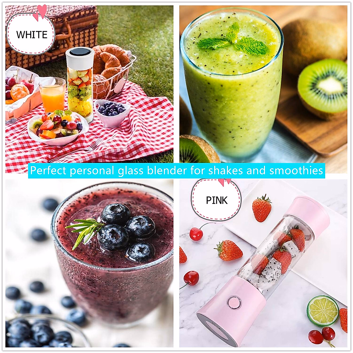 Portable Blender, Smoothie Blender with 16oz Travel Glass Cup and Lid 4000mAh Battery Strong Power Personal Size Blender USB Rechargeable Mini Juicer Cup Travel Blender for with Ice Tray (Pink)