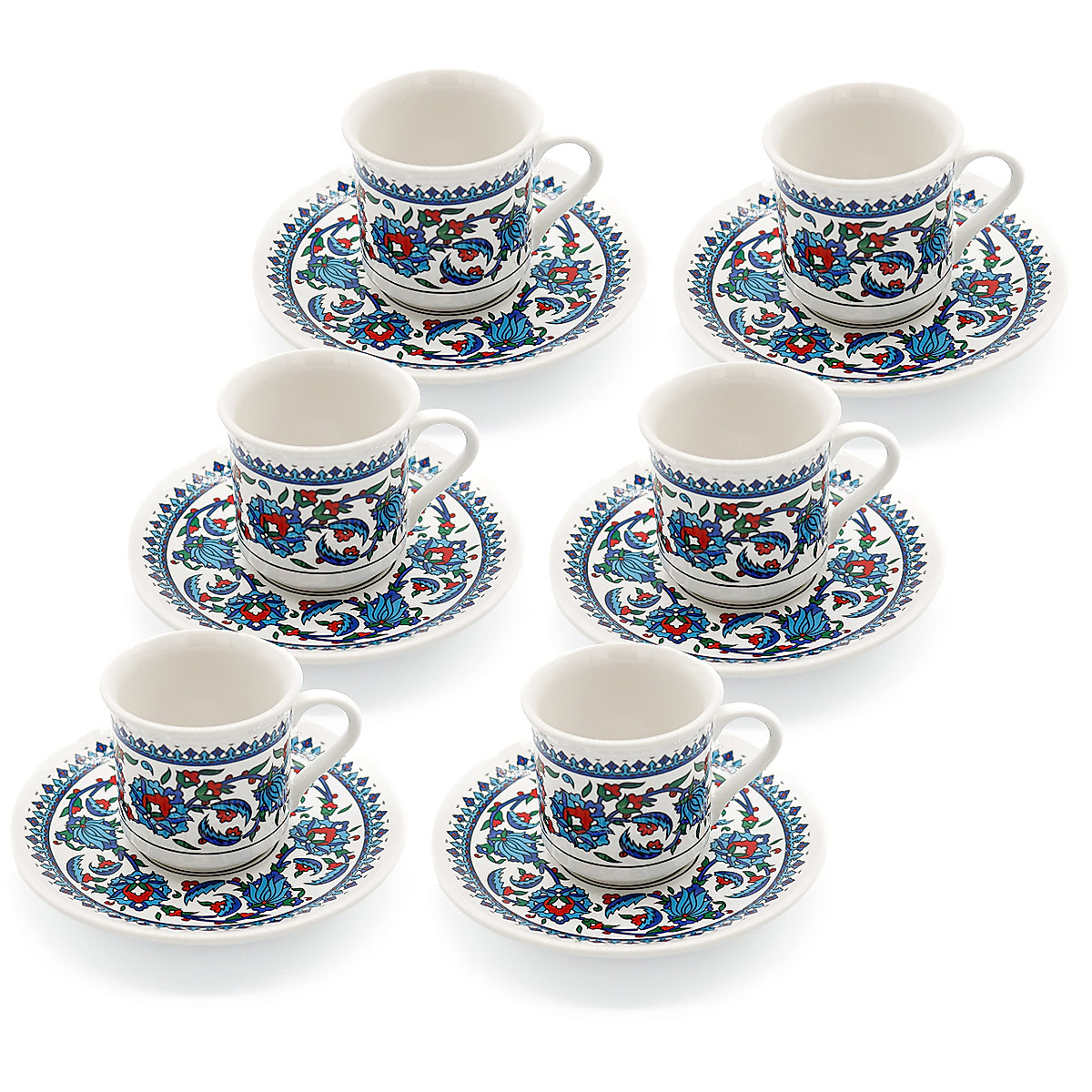 Turkish Coffee Cup Set - Turkish Coffee Cups Set of 6 with Saucers and Cup Holder for Home Office, Ceramic Keeps Coffee Warm, Dishwasher-safe, Create happy times with the patterned coffee mug set.