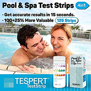Pool and Spa Test Strips - Hot Tub Test Strips - 4 Way Quick & Accurate Chlorine Test Strips - 125 Pcs Test Hardness, Bromine, pH, Free Chlorine, Total Chlorine and Total Alkalinity - TESPERT