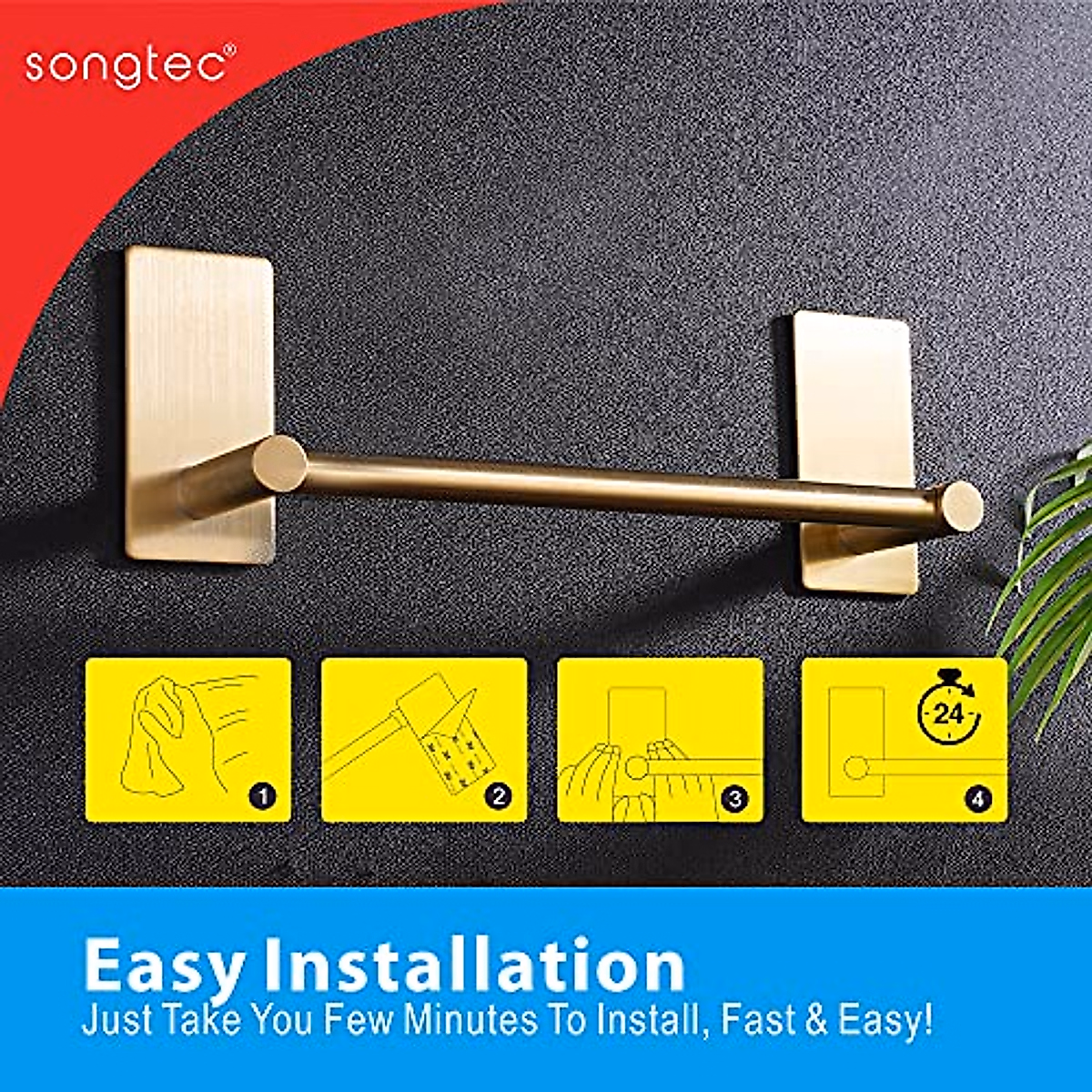 Songtec Gold Towel Bar 9-Inch, Adhesive Bath Towel Rack No Drill, Strong Adhesion Tape Mount Towel Holder, Stainless Steel - Brushed Gold