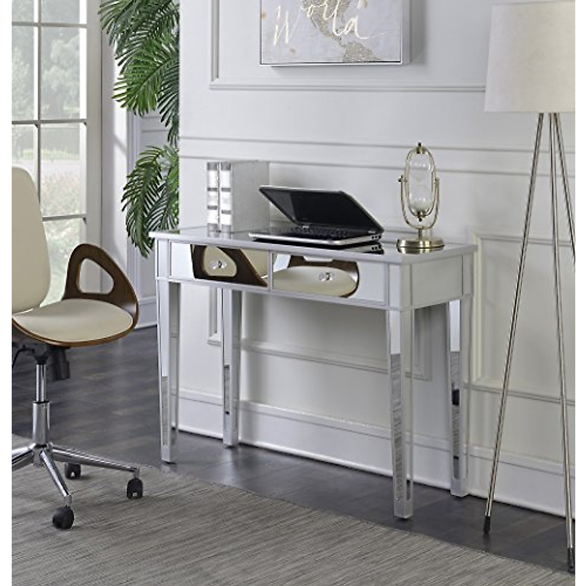 Convenience Concepts Gold Coast Mirrored Desk 42" - Console Table with 2 Drawers for Storage in Living Room, Office, Silver/Mirror