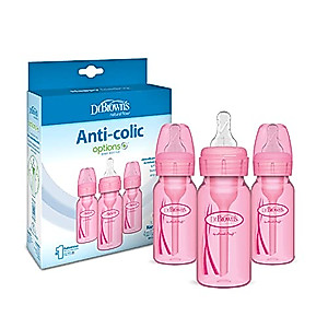 Dr. Brown’s Natural Flow® Anti-Colic Options+™ Narrow Baby Bottles 4 oz/120 mL, with Level 1 Slow Flow Nipple, 3 Pack, 0m+ Pink