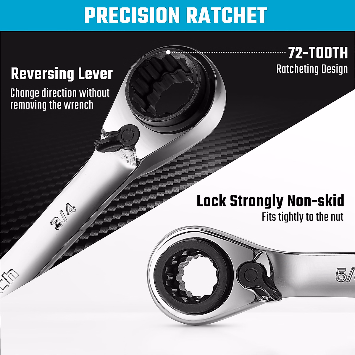 DURATECH 4-in-1 Reversible Ratcheting Box Wrench Set, Double Box End, SAE, 2-Piece, 5/16, 3/8, 7/16, 1/2 & 9/16, 5/8, 11/16, 3/4-Inch, CR-V Steel, Mirror Polished, with Rolling Pouch