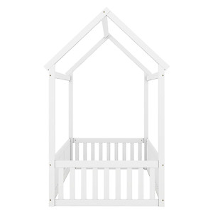 P PURLOVE Twin Size Floor House Bed Frame,Wood Montessori Floor Bed Frame with Fence for Boys,Girls,White