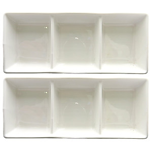 Needzo White Rectangle Dinnerware Platter, 8 Inch, 3 Compartment Ceramic Long Sushi Plate, Serving Tray for Dinner, Appetizers, and Dipping Sauces